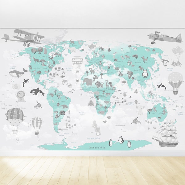 Kids Room Wall Mural Wallpaper Animal World Map With Air - Etsy