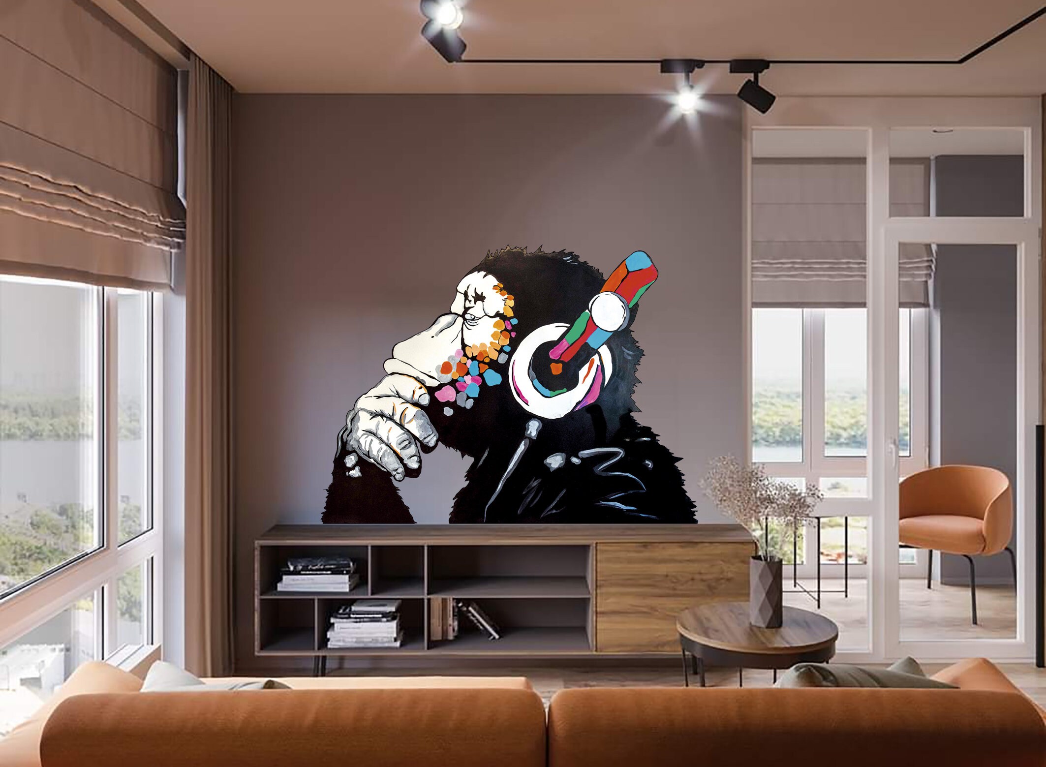 Thinking Monkey Large Vinyl Sticker DJ Monkey Headphones Wall - Etsy