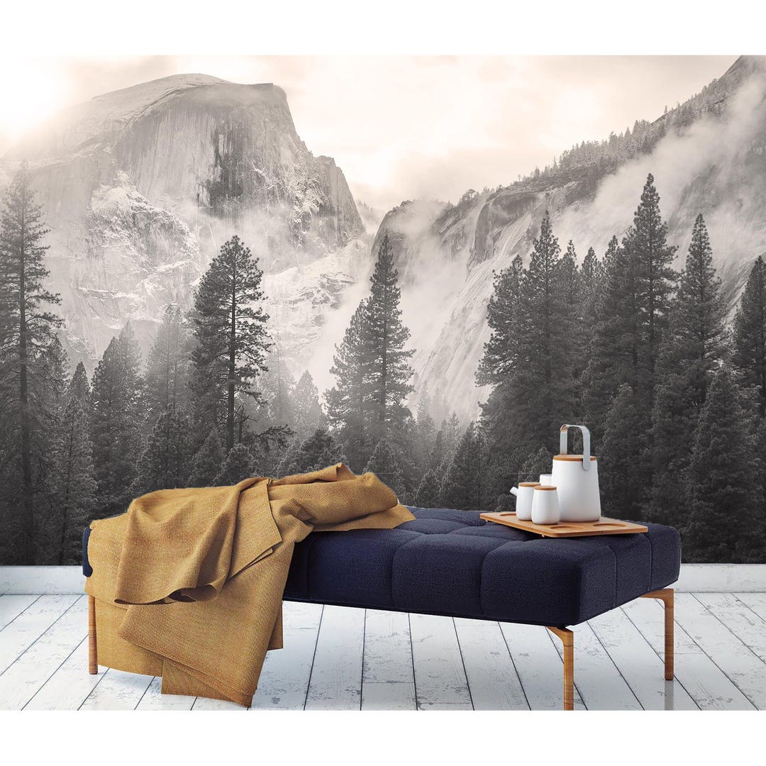 Beige Mountain Forest Landscape Wallpaper Mural - Peel and Stick ...