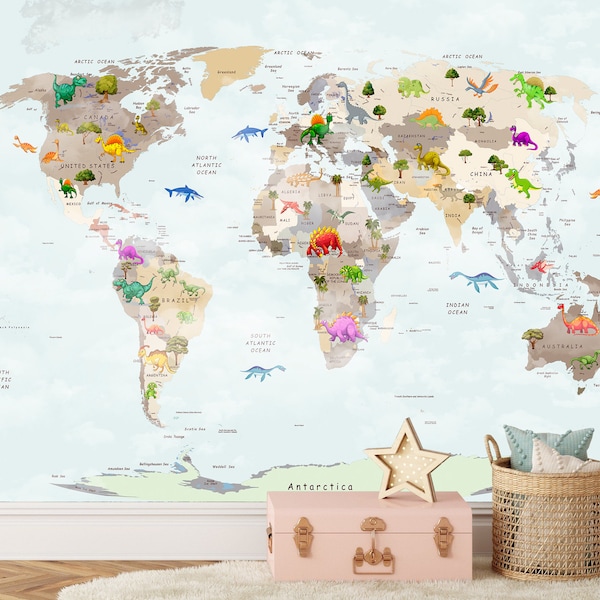 Dinosaur World Map Wall Paper - Etsy