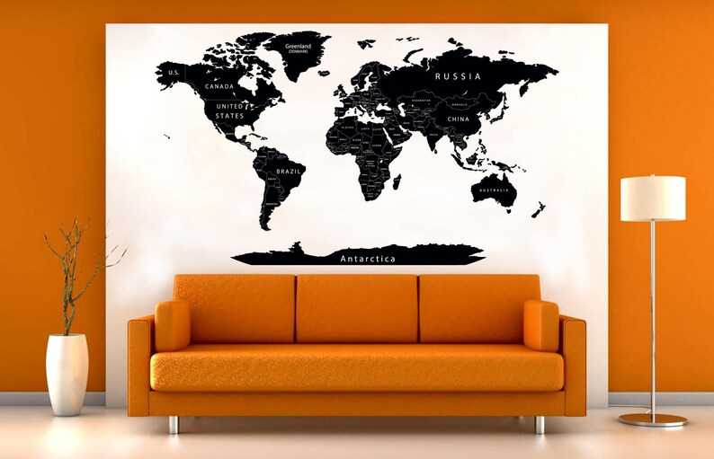 World Map Wall Decal Black World Map Wall Sticker Detailed - Etsy