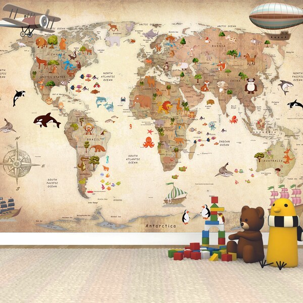 Children World Map Wallpaper - Etsy