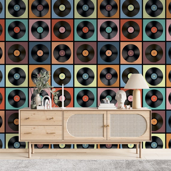 Vinyl Records Wall Mural Wallpaper Peel and Stick Traditional Retro Vinyl Records Vintage Wallpaper Music Wall Decor Music Wallpaper Mural Etsy