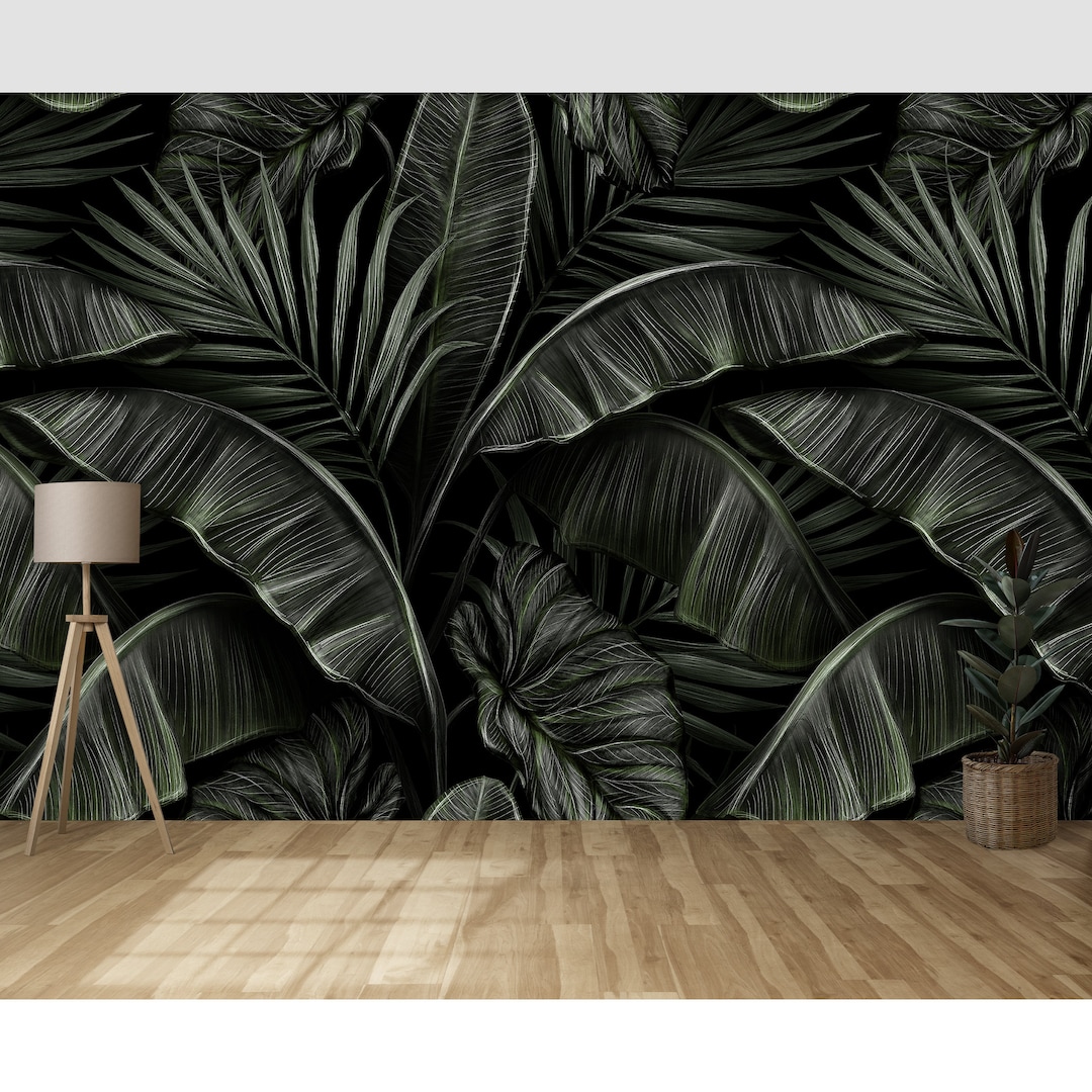 Abstract Tropical Leaves Wallpaper Black Green Vintage Wall Mural Dark ...