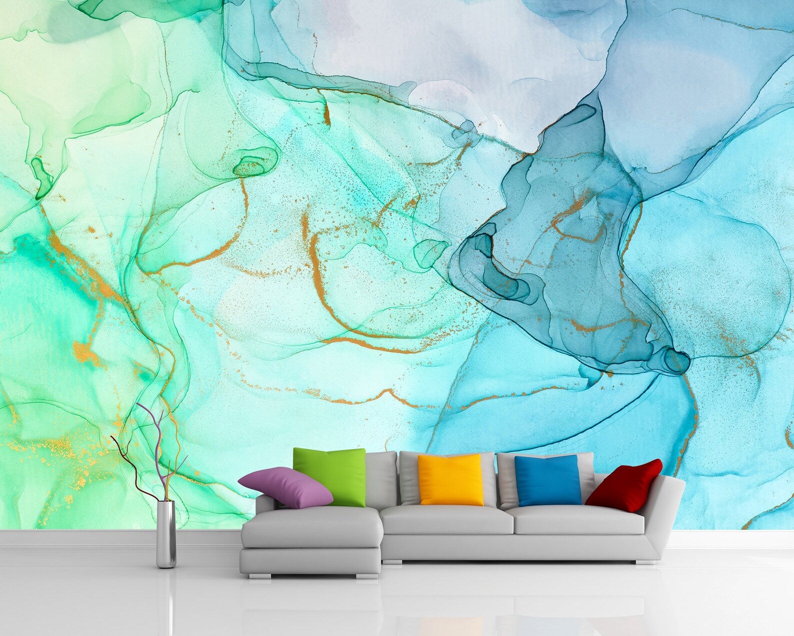 Abstract Wall Mural Blue Green Colors Modern Design Peel & | Etsy