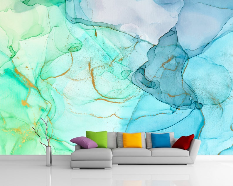 Abstract Wall Mural Blue Green Colors Modern Design Peel & | Etsy