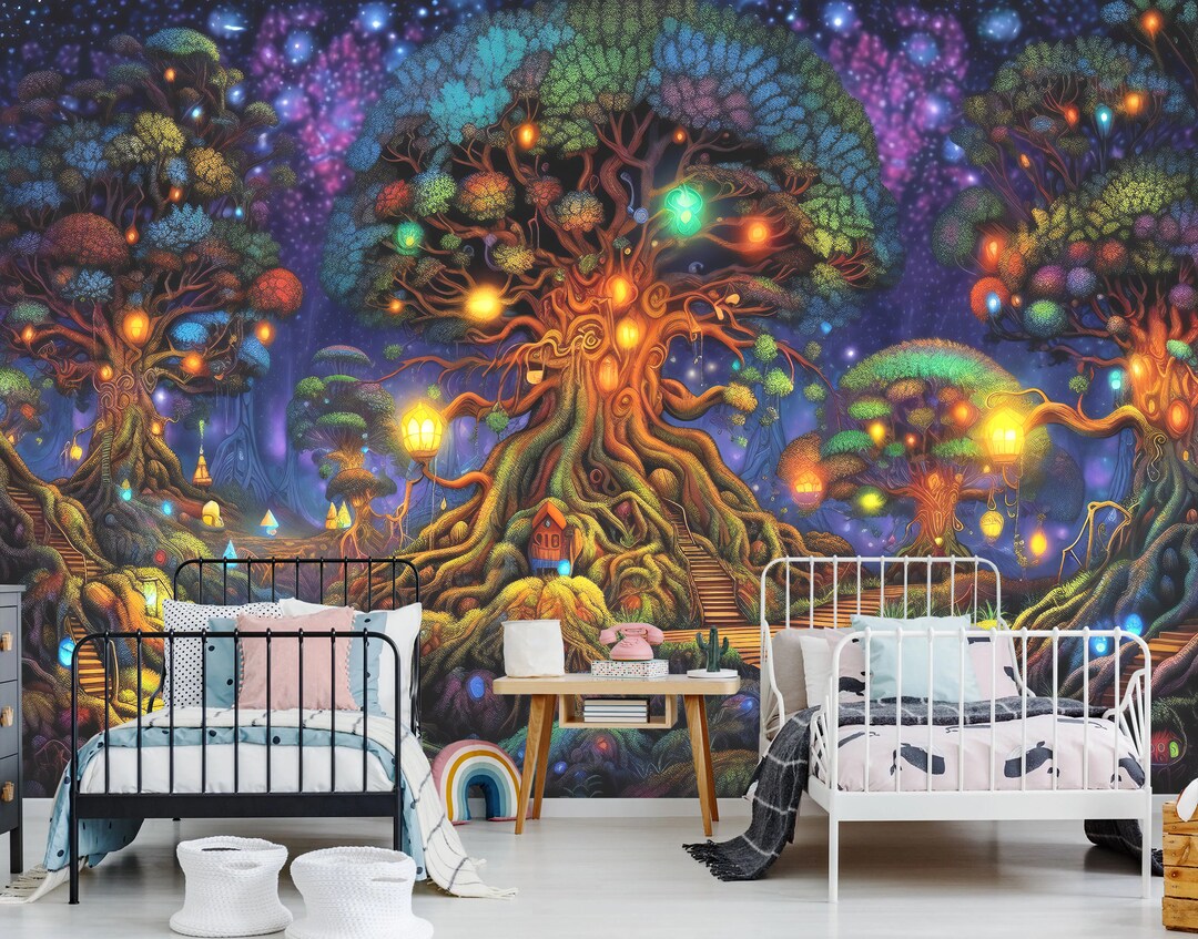 Abstract Magic Tree Wallpaper Dark Fantasy Forest With Fireflies Wall ...