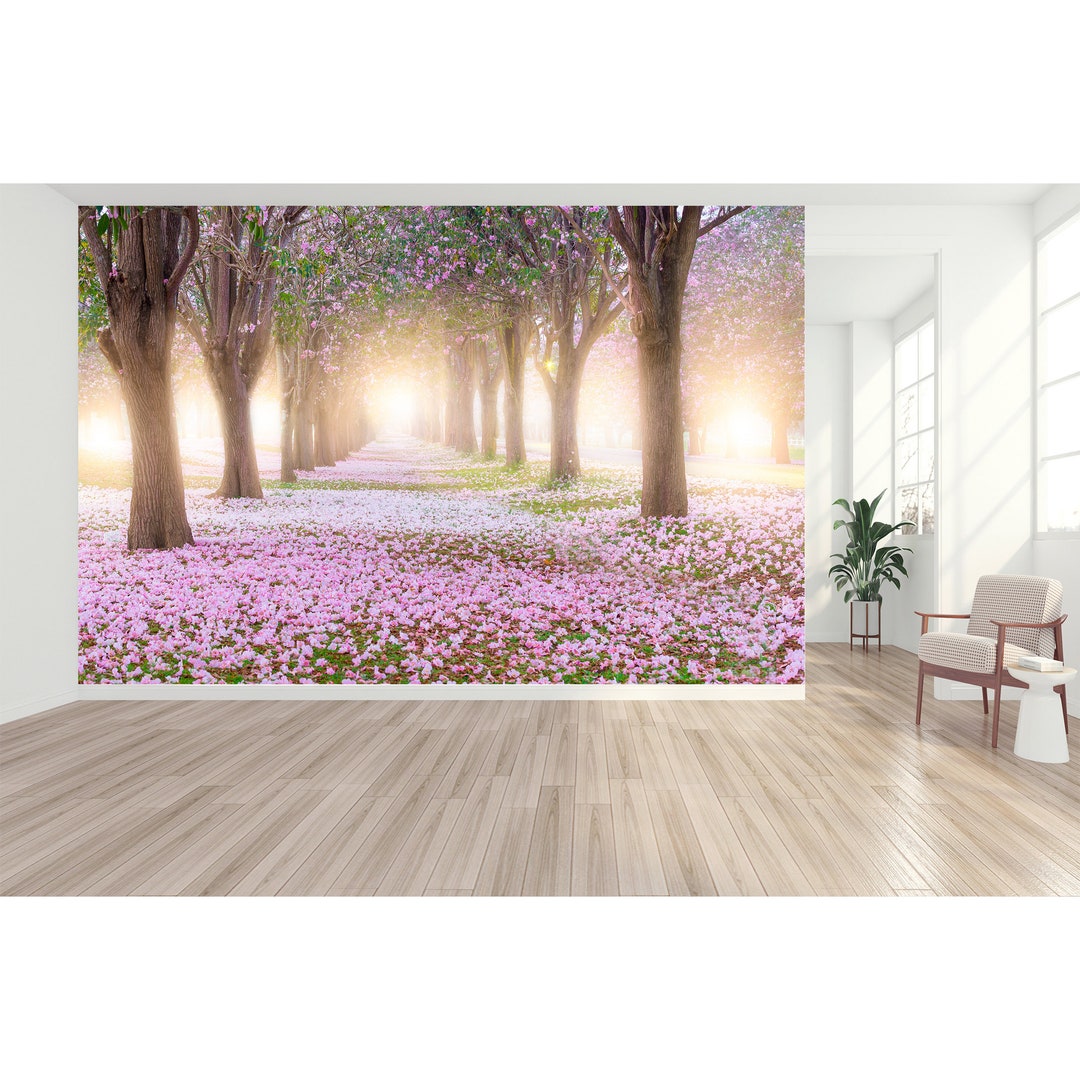Pink Tree Blossom Wall Mural Beautiful Alley of Trees Peel 'n Stick ...