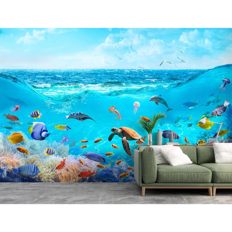 Sea Animal Mural Reef Wallpaper Sea Fish Underwater Life Wallpaper ...