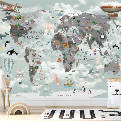 Educational World Map Wallpaper & Mural Peel and Stick Map - Etsy