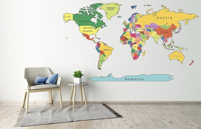 Large World Map Decal Detailed Political Map Wall Sticker - Etsy