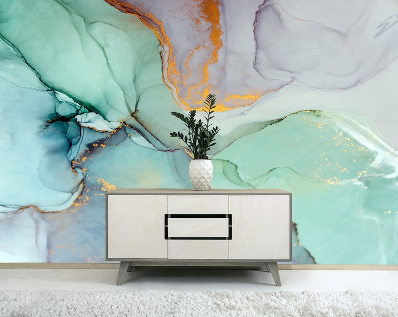Turquoise Marble Mural Wallpaper Abstract Wall Mural Modern - Etsy