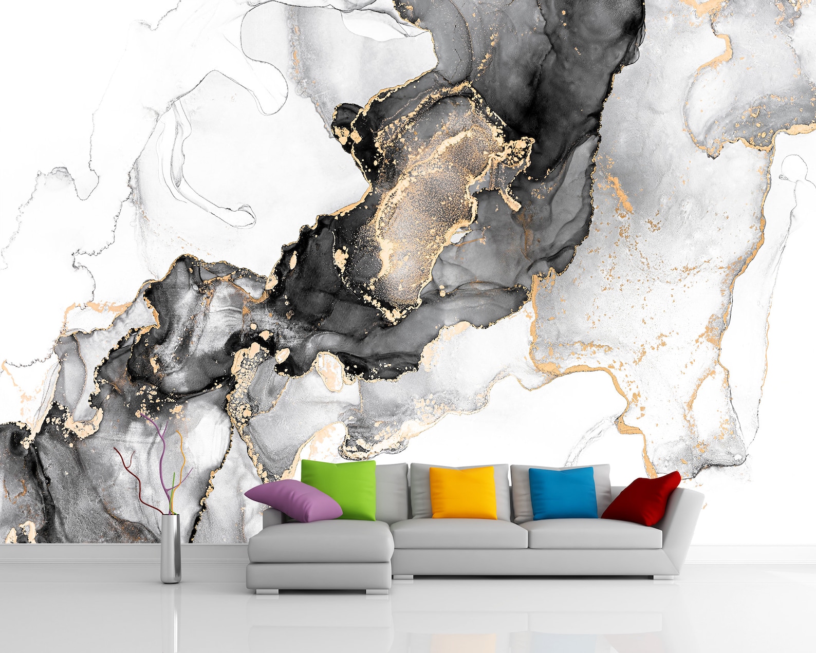 White Grey Abstract Marble Mural Wallpaper Peel and Stick Abstract Art ...