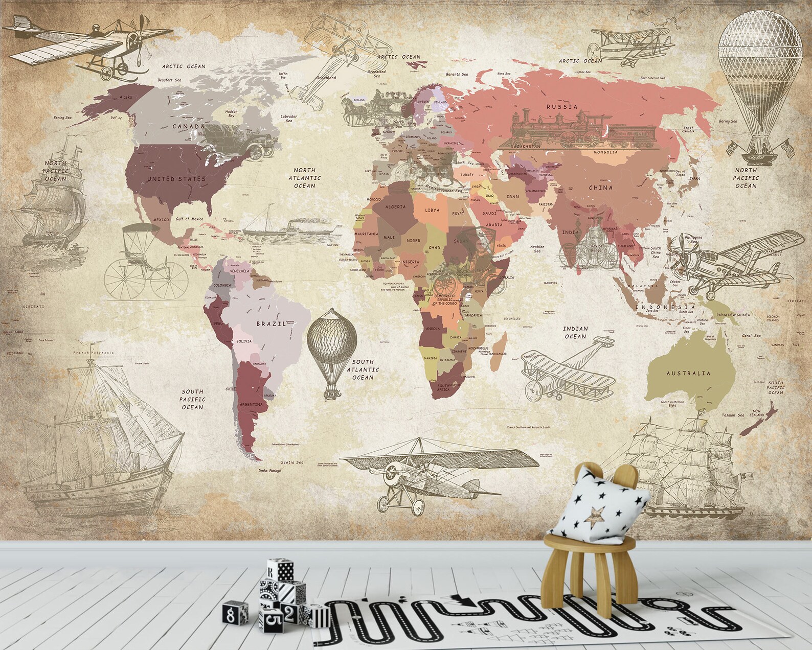 Peel & Stick Vinyl Wallpaper World Map With Country Names | Etsy