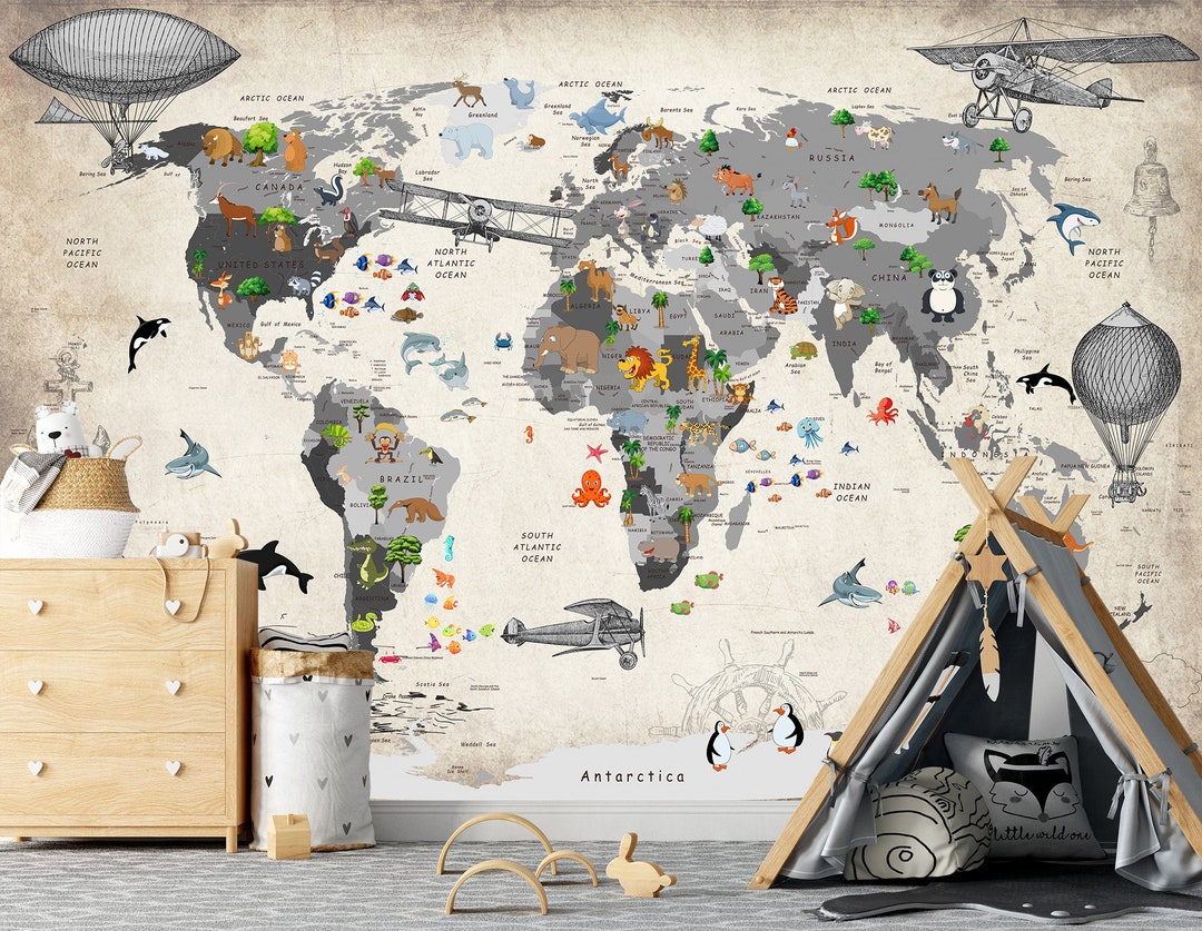 Kids Playroom Educational Wall Mural Wallpaper World Map Wall Decor ...
