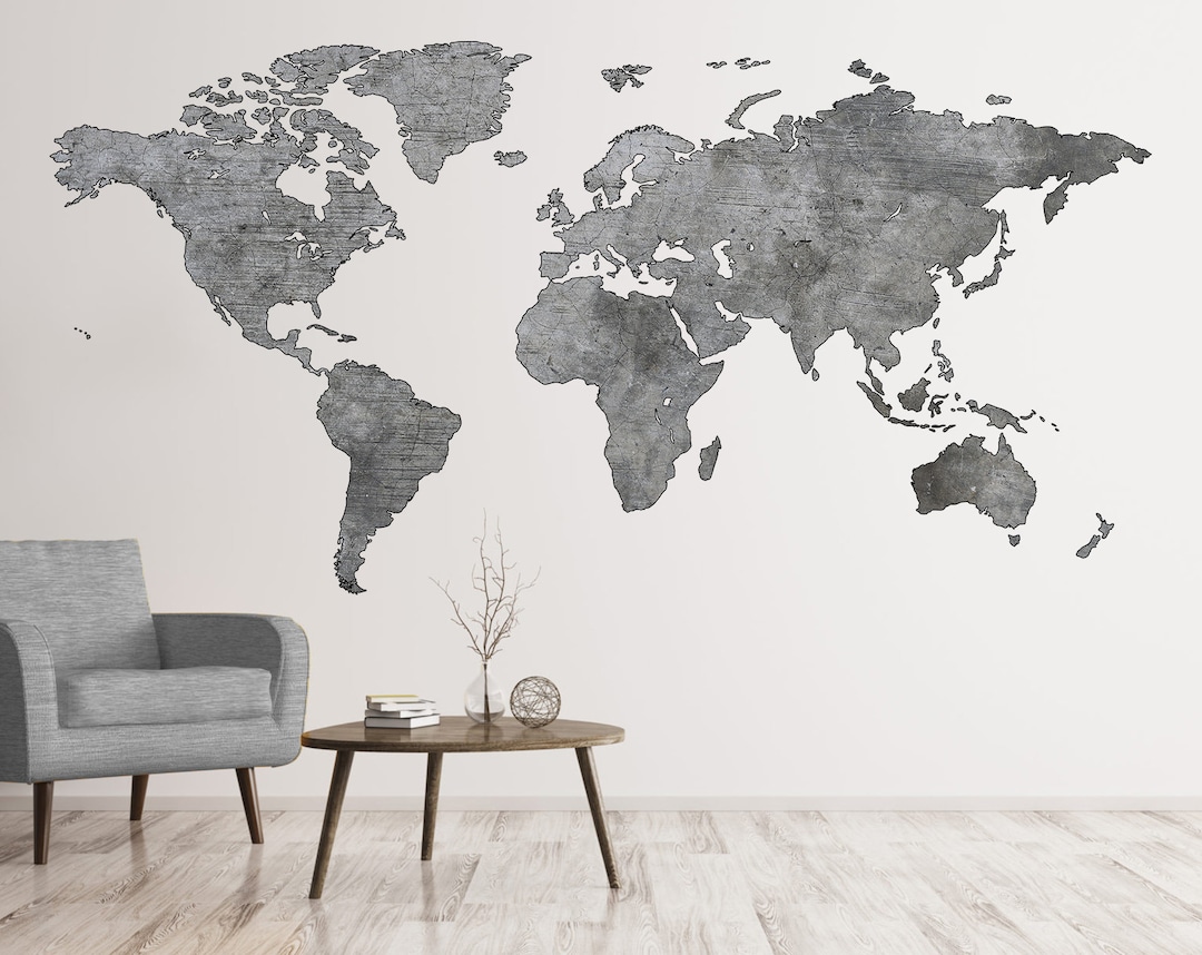 Grey Wall Art Decal World Map Wall Sticker Large World Map Print Vinyl ...