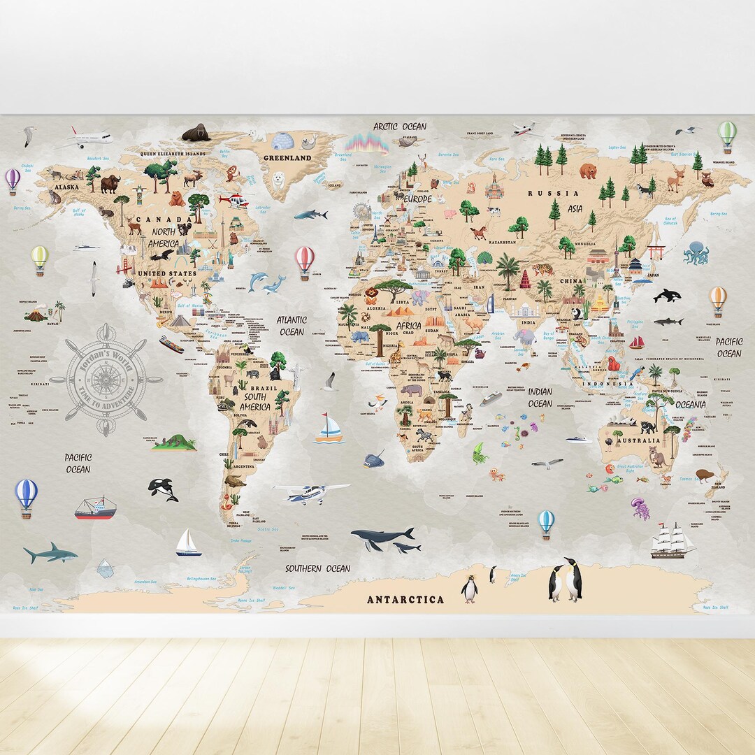 Nursery World Map Mural Kids World Map Wallpaper Kids Map Print World ...
