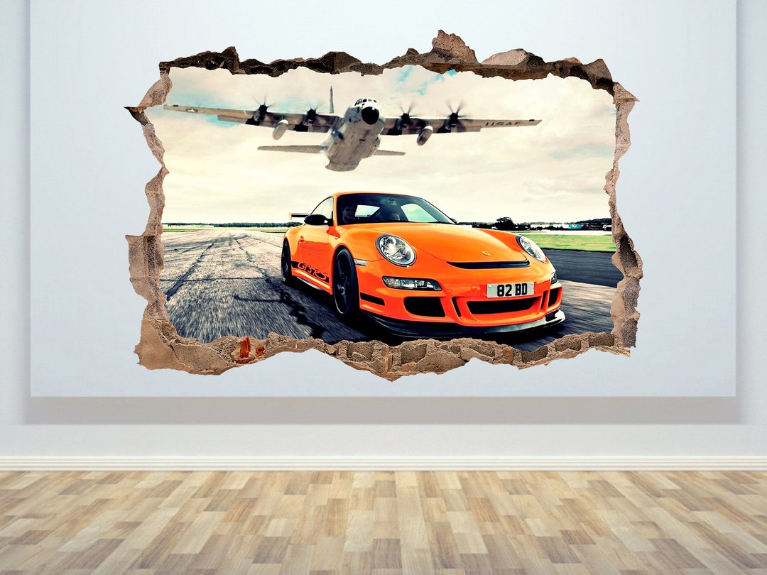 Car Wall Sticker Porsche 911 Supercar Sports Car Wall Decal 3D Smashed ...