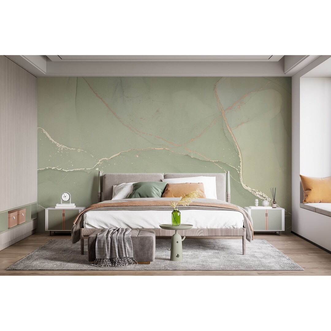 Neutral Green Wallpaper Peel and Stick Wall Mural Abstract Marble ...