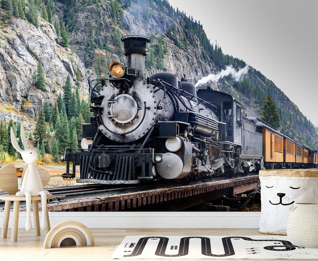 Steam Train & Scenic Mountain Mural Kids Room Wallpaper Peel and Stick ...