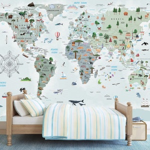 Kids Room Decor Detailed World Map Wallpaper Preschool Wall Art ...
