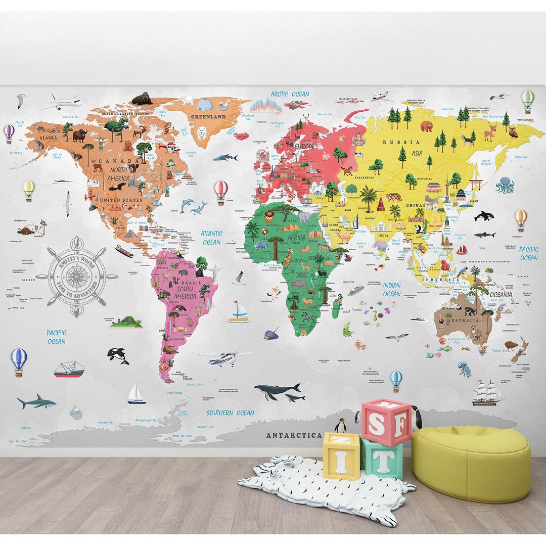 Illustrated World Map Wallpaper - Fun Educational Kids Room Mural ...