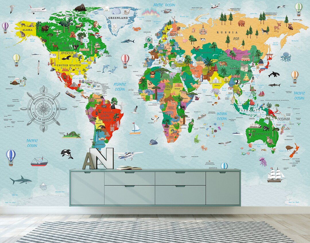 Kids Area Wall Mural Wallpaper Decor - Cool World Map With Colorful ...