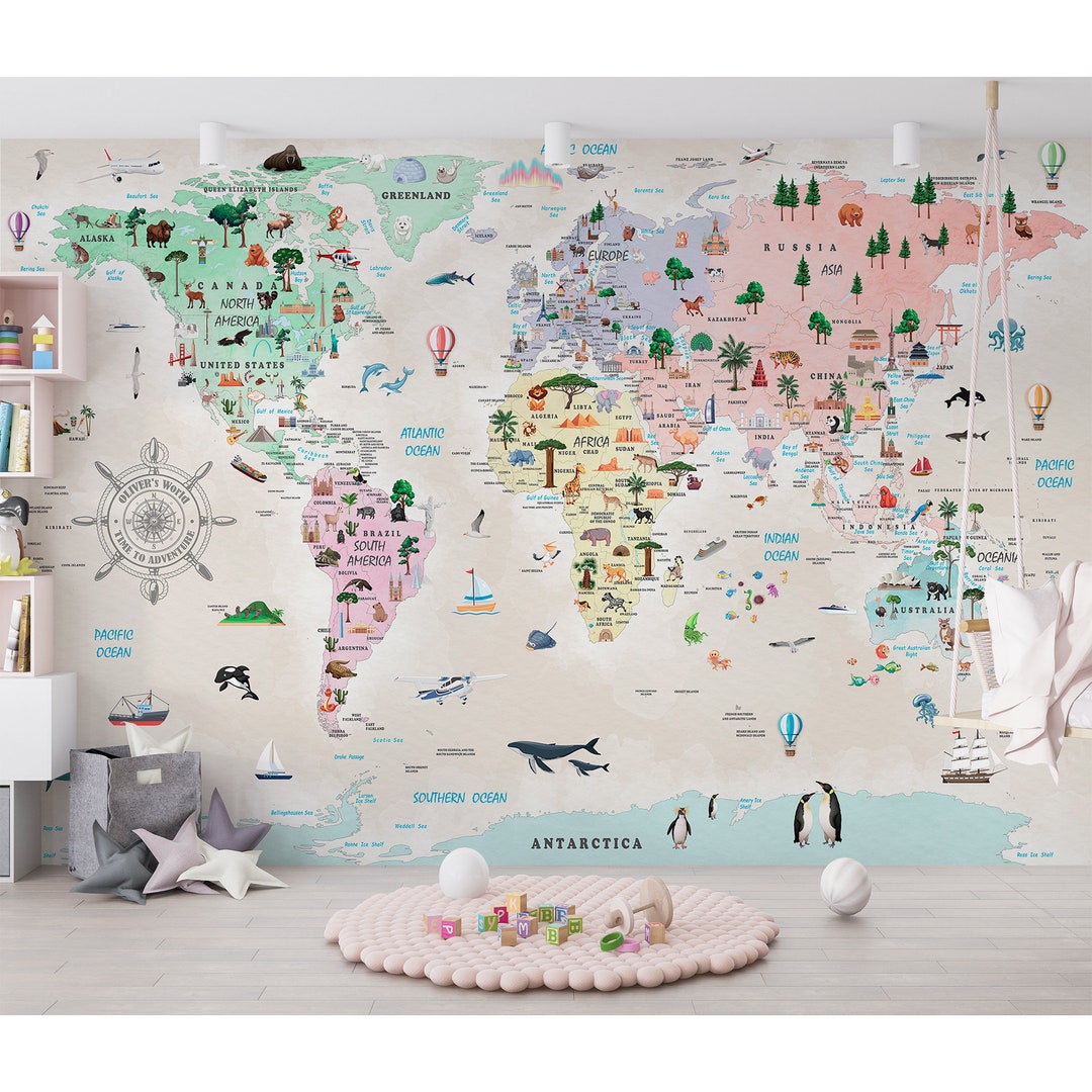 Kids Exciting World Map Wallpaper Mural | Peel and Stick / Unpasted ...