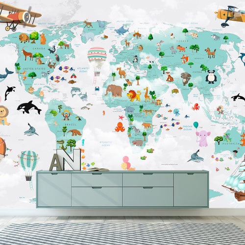 World Map Kids Room Wall Mural Kids Map Wallpaper Children - Etsy
