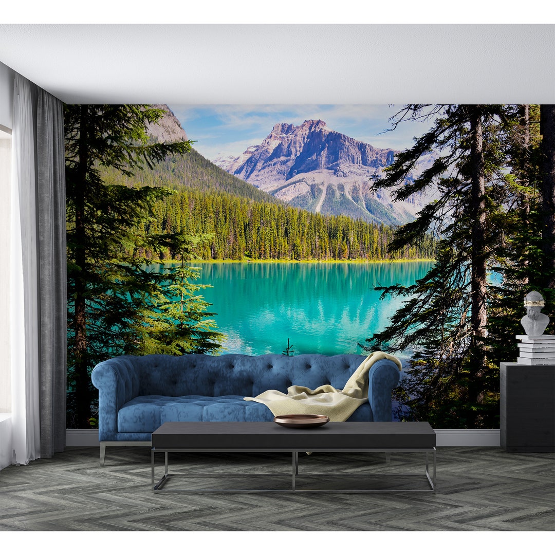 Mountain Lake Forest Trees Wall Mural Peel and Stick Wallpaper Lake ...