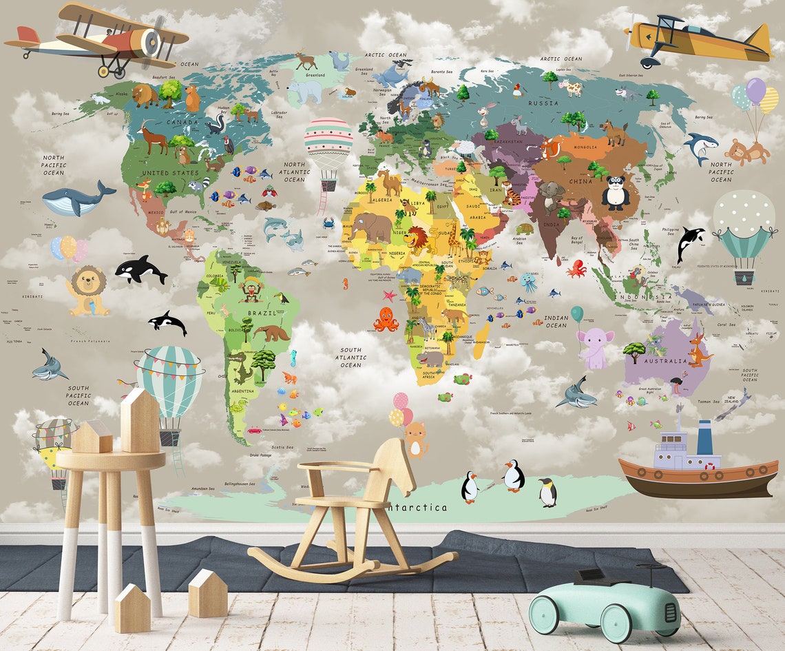 World Map Mural Wallpaper for Child Room Peel and Stick - Etsy