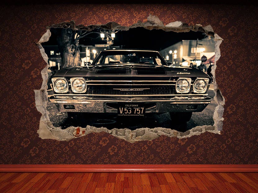 Wall Sticker Muscle Car Canyon Drive 3D Hole in The Wall B Effect Decal ...
