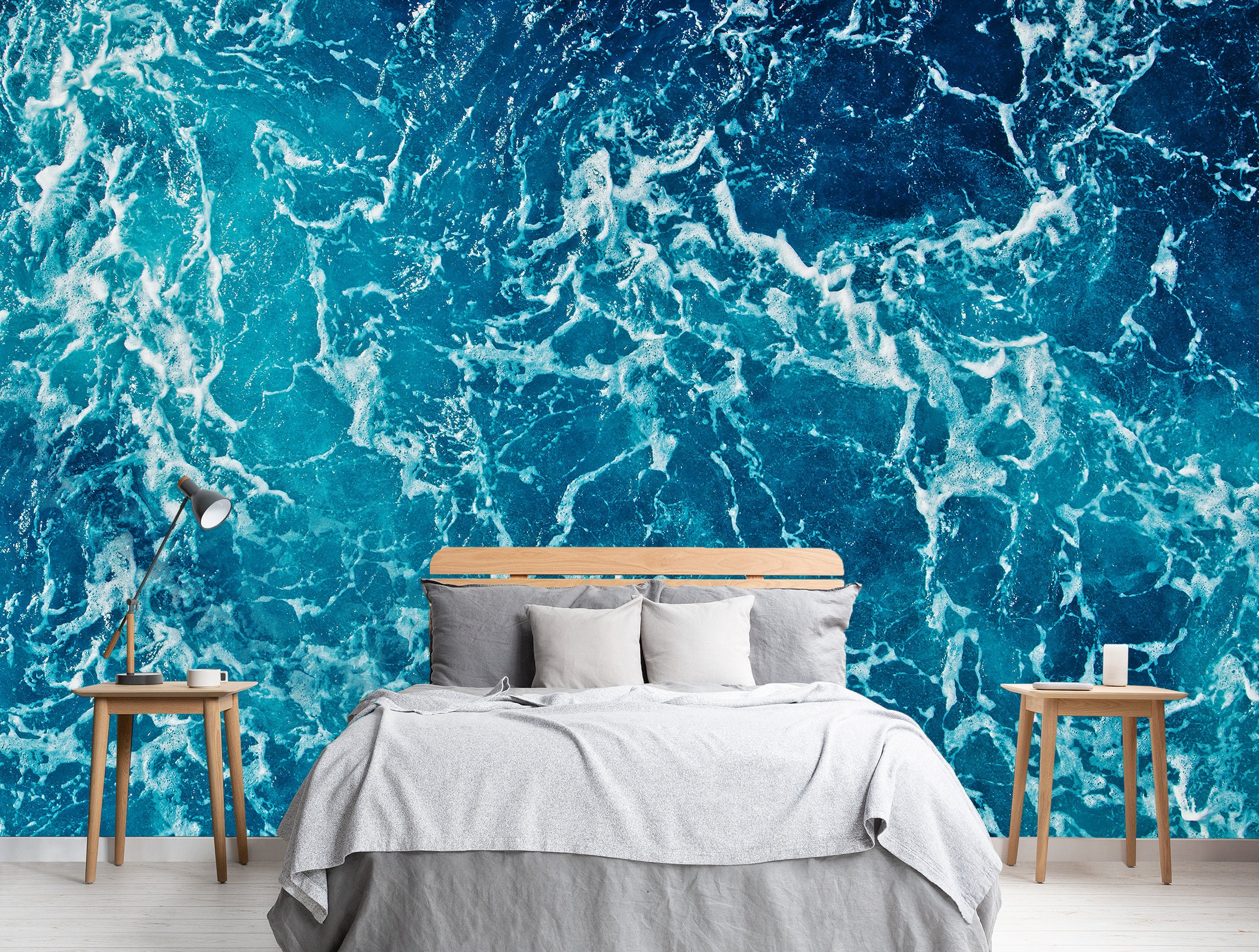 Home Décor Blue Water Surface Bathroom Wallpaper Ocean Sea Waves ...