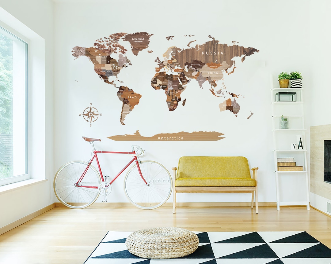 World Map Decal Vinyl Wall Sticker Push Pin Wall Map Print Wall Decor ...
