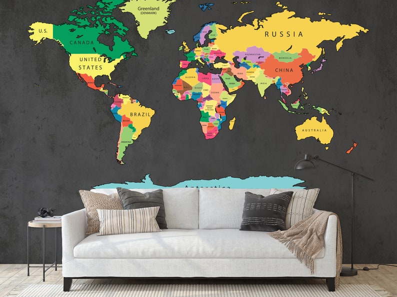 Large World Map Decal Detailed Political Map Wall Sticker - Etsy