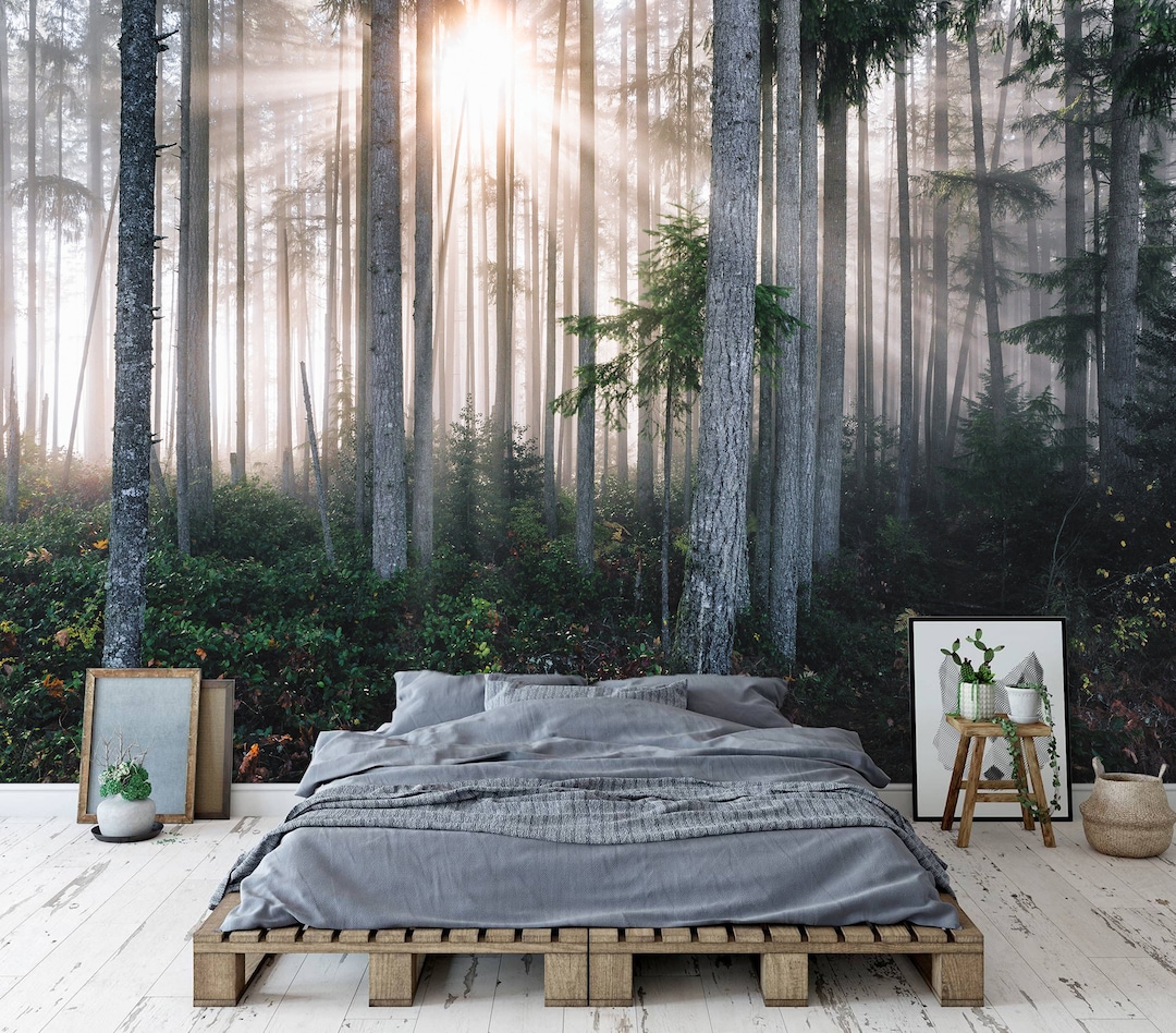 Morning Foggy Forest Trees Mural Wallpaper Peel and Stick Inside the ...
