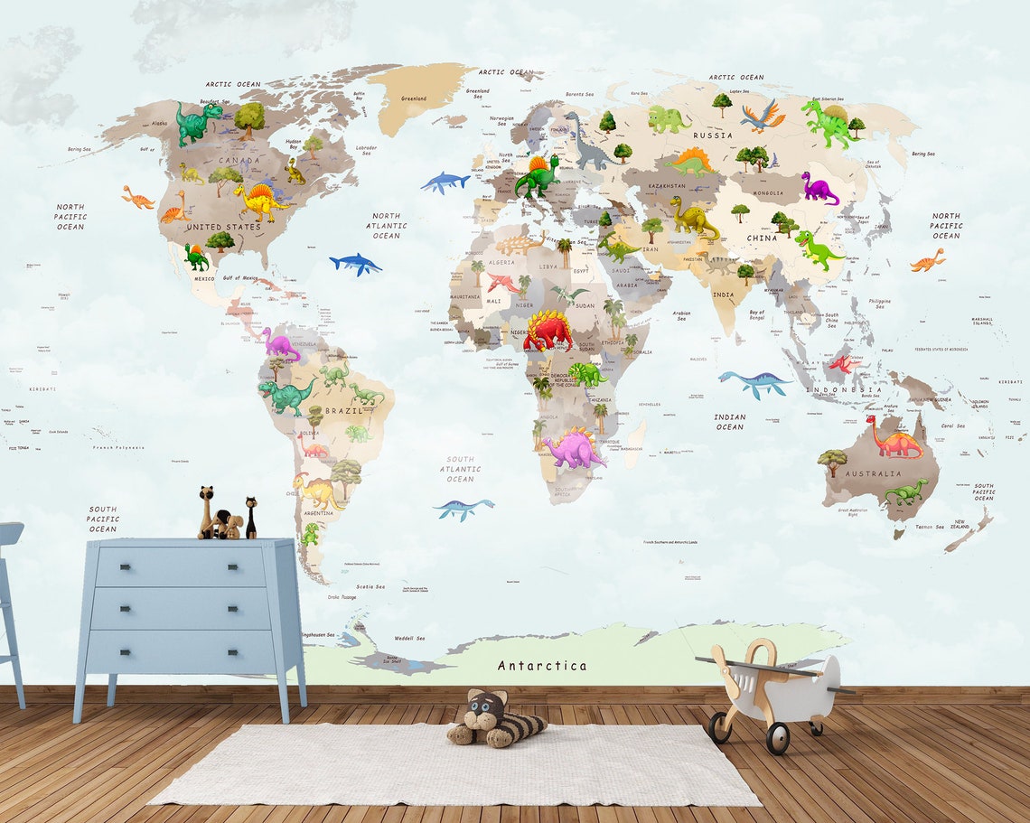 Dinosaur World Map Peel and Stick Vinyl Wallpaper Child Room | Etsy