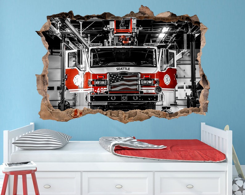 Firetruck Wall Sticker Fire Department Wall Decal Kid Name - Etsy