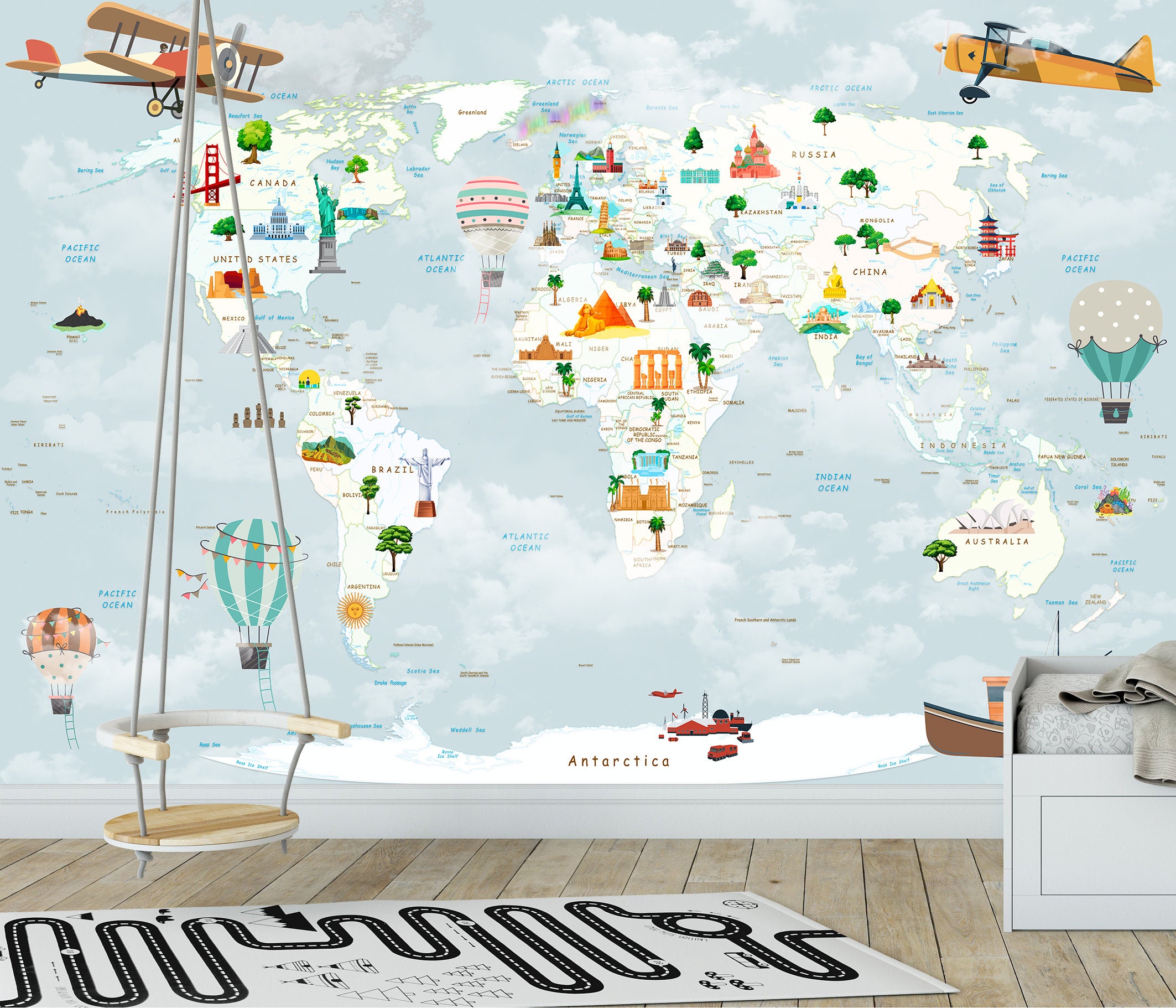 Kids Room Wallpaper Peel and Stick World Map with Famous | Etsy