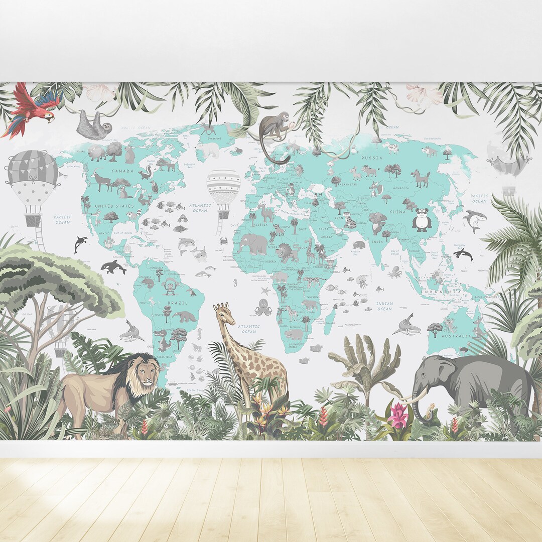 Safari World Map Kids Wall Paper Child Playroom Wall Mural - Etsy