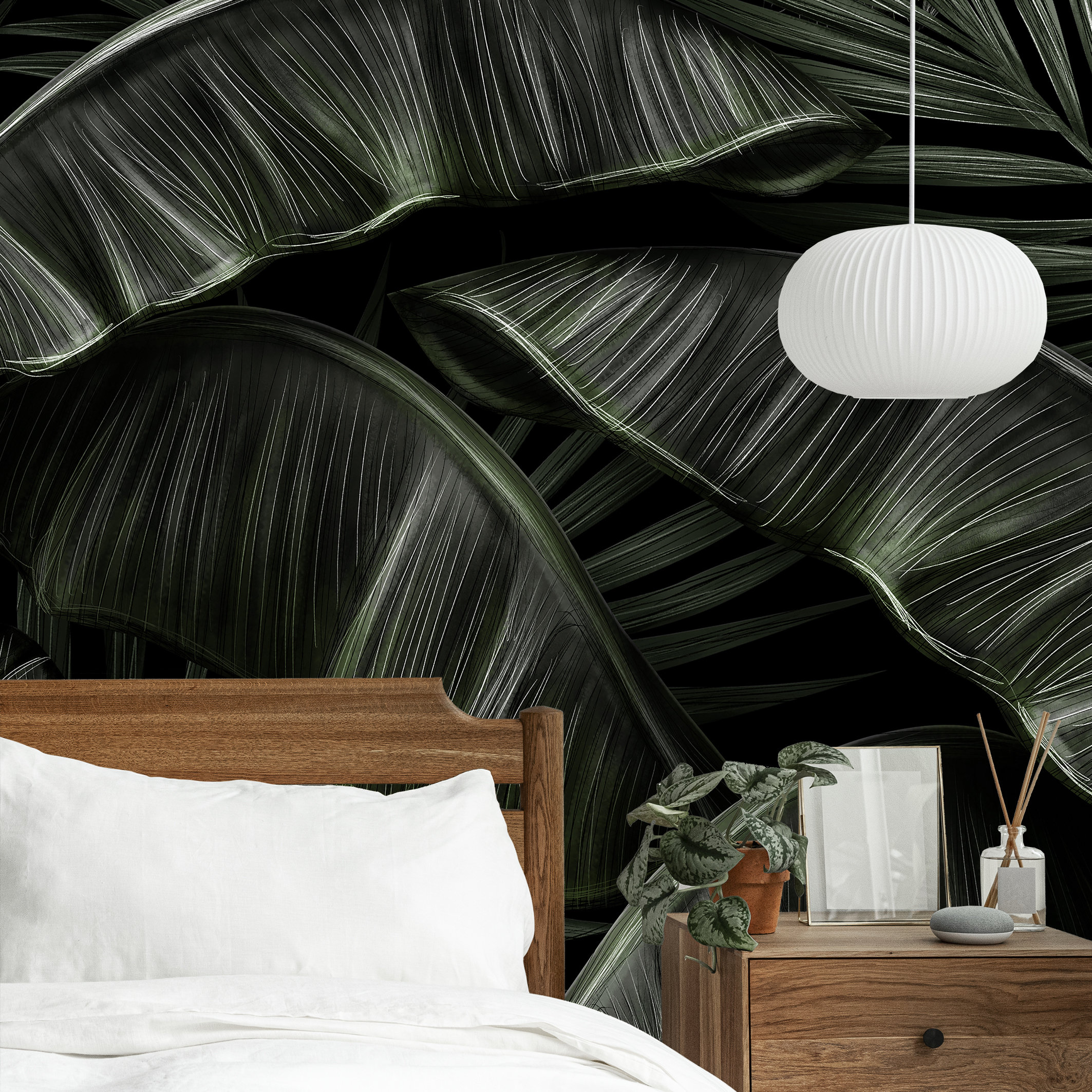 Abstract Tropical Leaves Wallpaper Black Green Vintage Wall Mural Dark ...