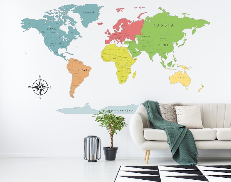 World Map of the Continents Wall Art Decal Detailed World Map - Etsy