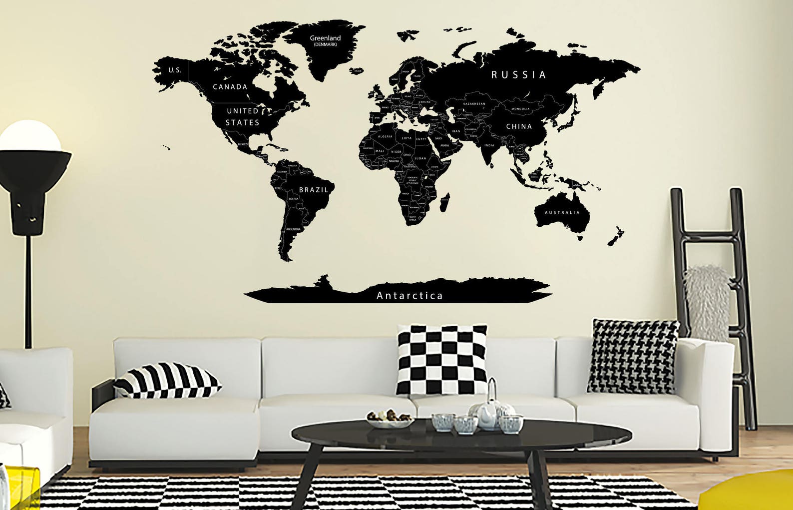 World Map Wall Decal Black World Map Wall Sticker Detailed - Etsy