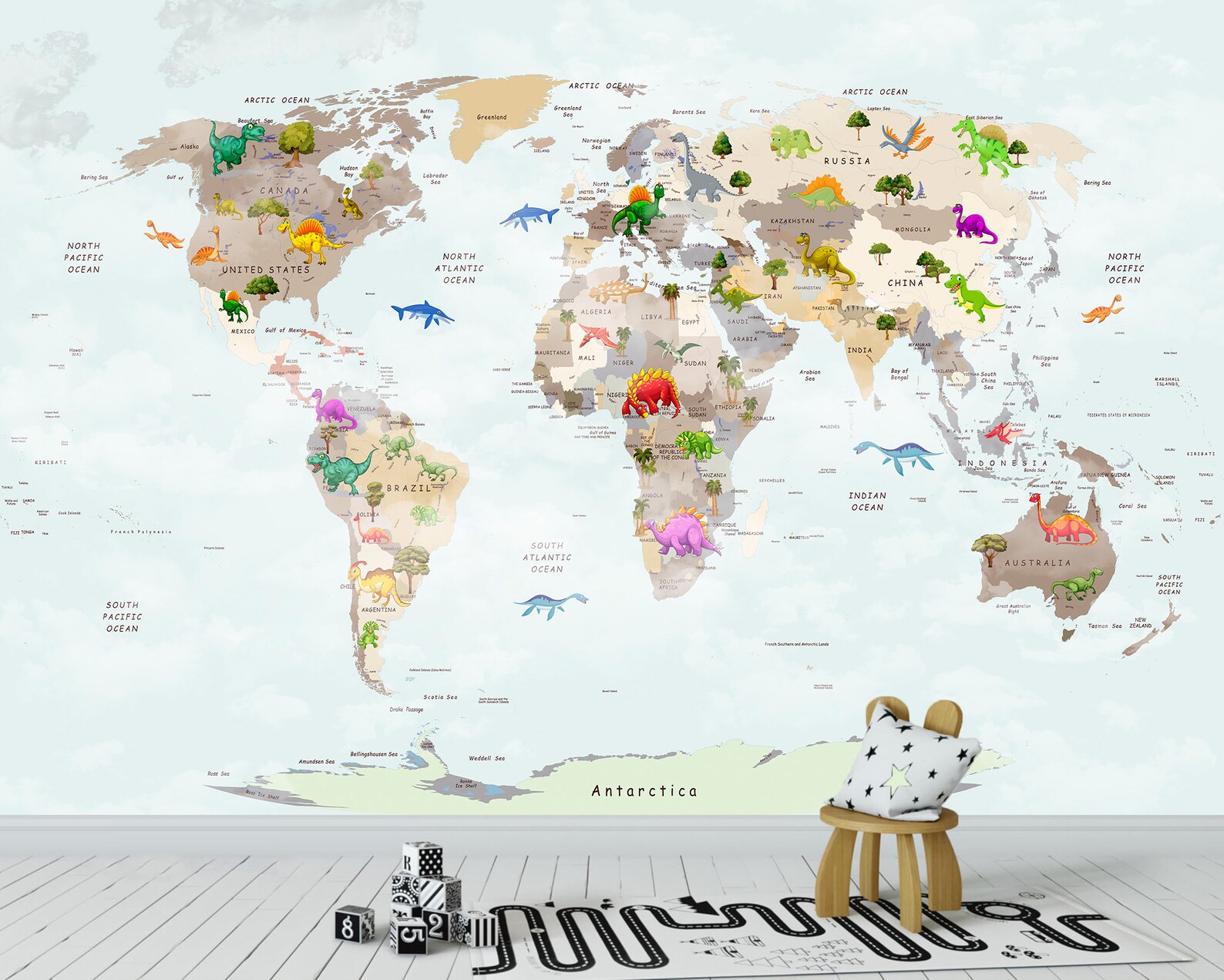Dinosaur World Map Peel and Stick Vinyl Wallpaper Child Room - Etsy