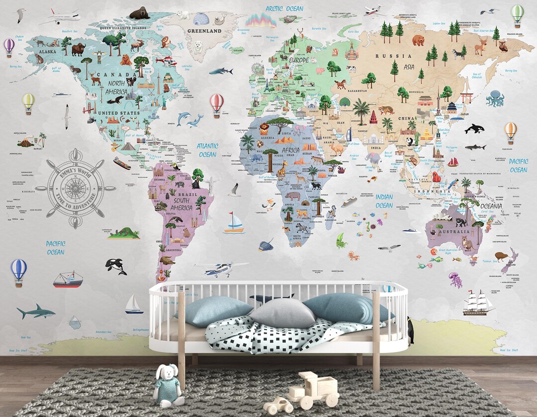 Kids World Map Mural – Illustrated Educational Wallpaper for Nursery ...
