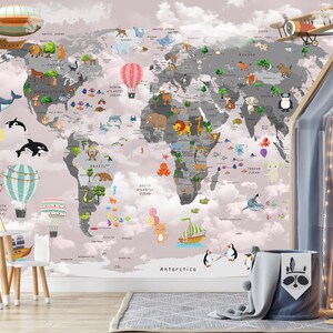 Kids Animals Map of World With Countries Nursery Art Mural - Etsy