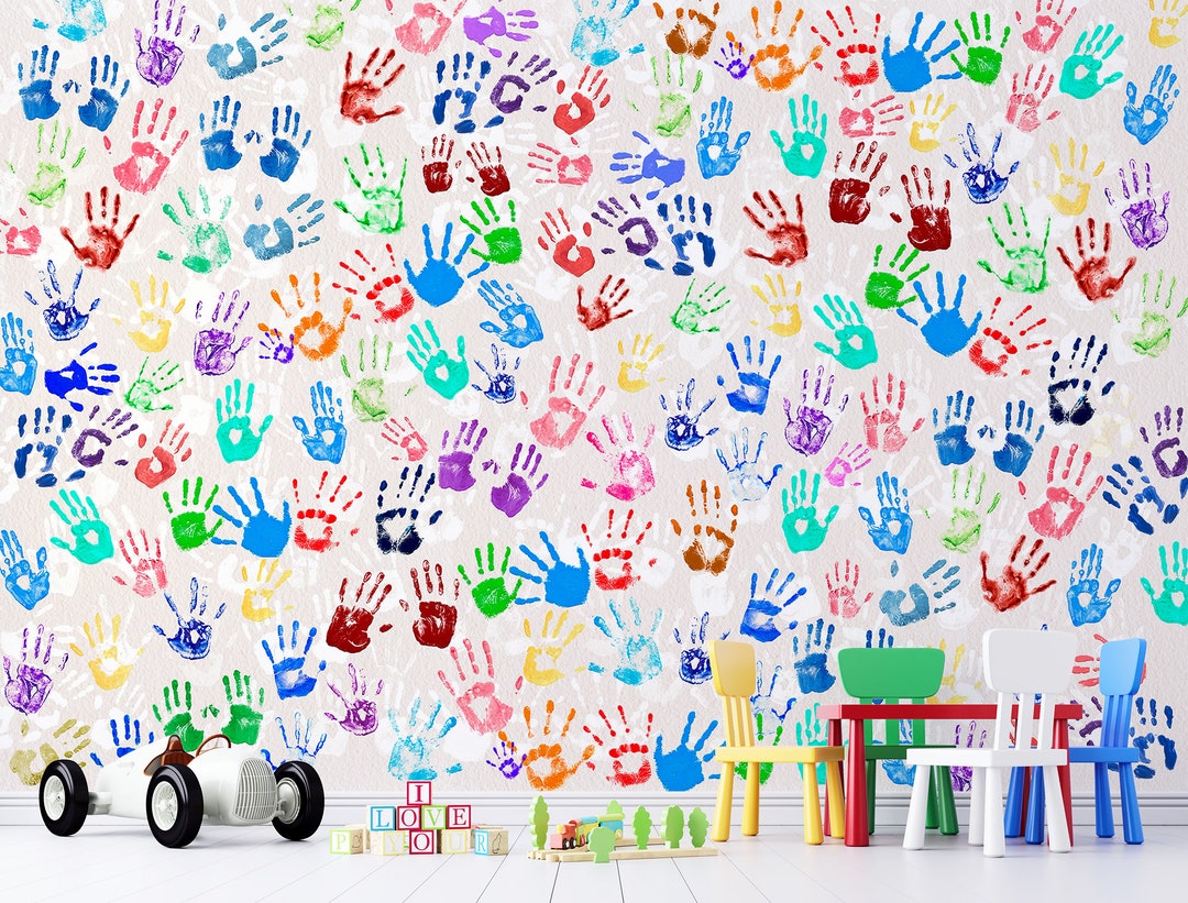 Colorful Handprints Kids Wallpaper Mural Playroom Wallpaper Peel N ...