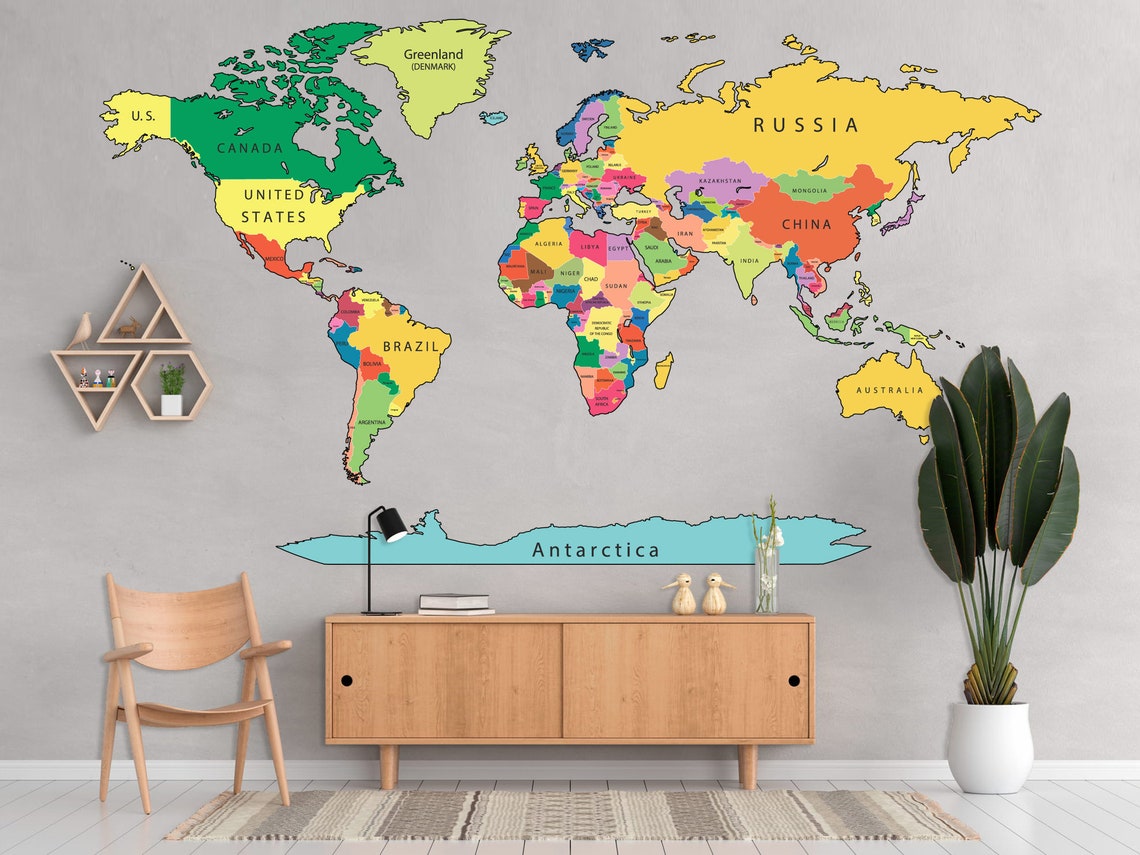 Large World Map Decal Detailed Political Map Wall Sticker - Etsy