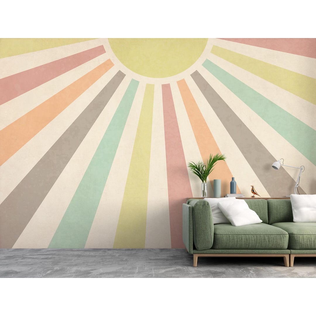 Retro Sunburst Wall Mural – Vintage Pastel Rays Wallpaper for a Warm ...