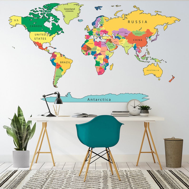 Large World Map Decal Detailed Political Map Wall Sticker - Etsy